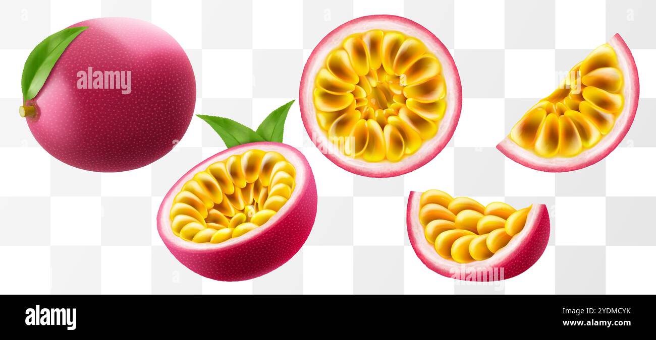 Passion fruit. whole fruit, half and sliced isolated on transparent ...