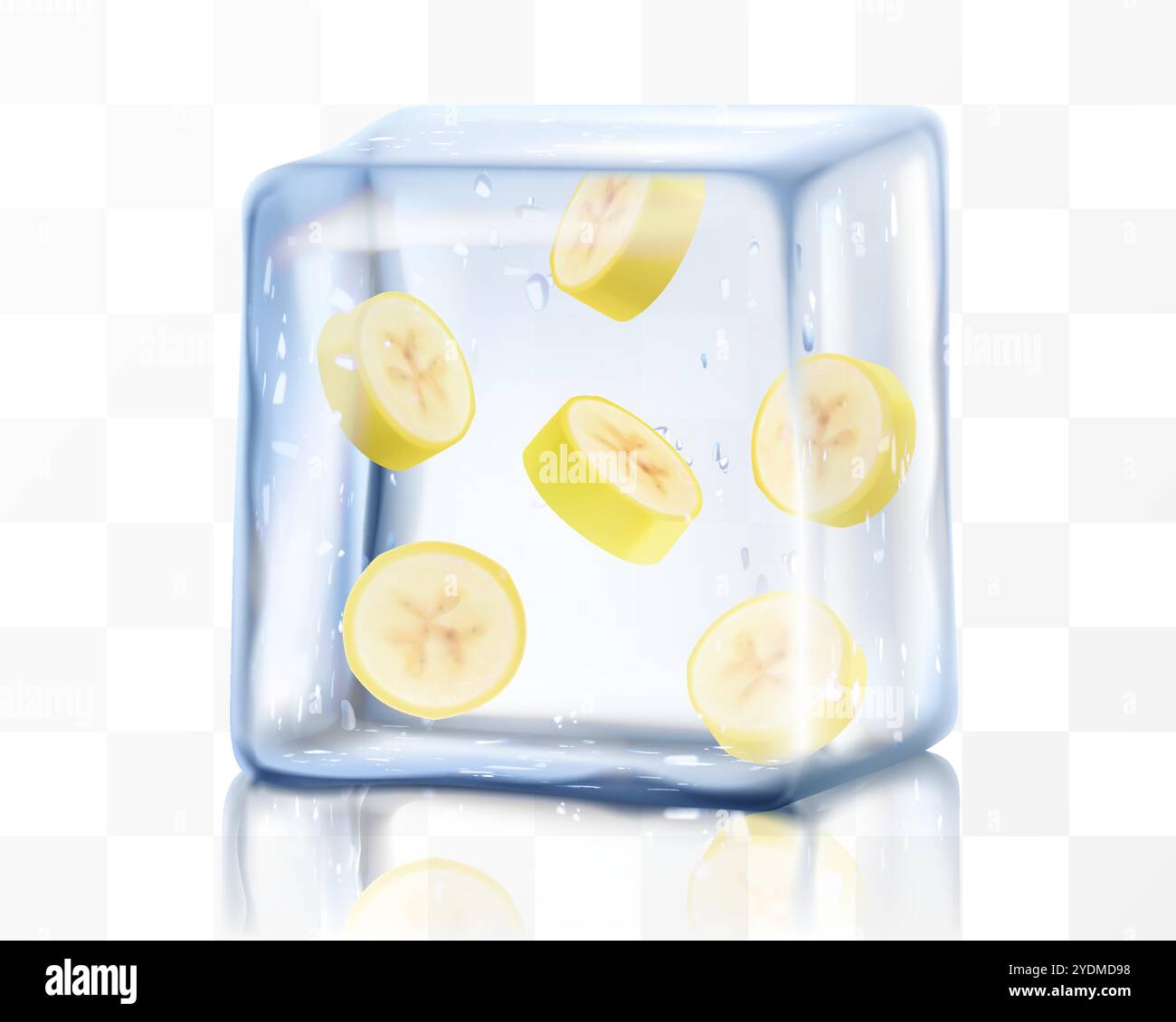Fresh ripe slices of banana fruits in ice cube isolated on transparent ...