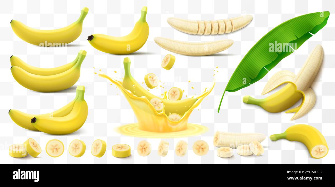 Set of bananas isolated on transparent background. Whole and half a ...