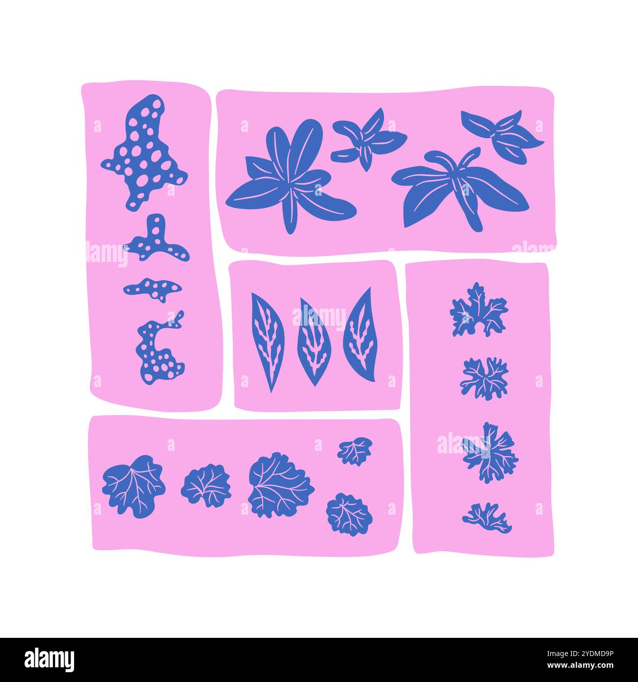 Stylized leaves and plants emblem. Vibrant organic shapes in rectangle ...