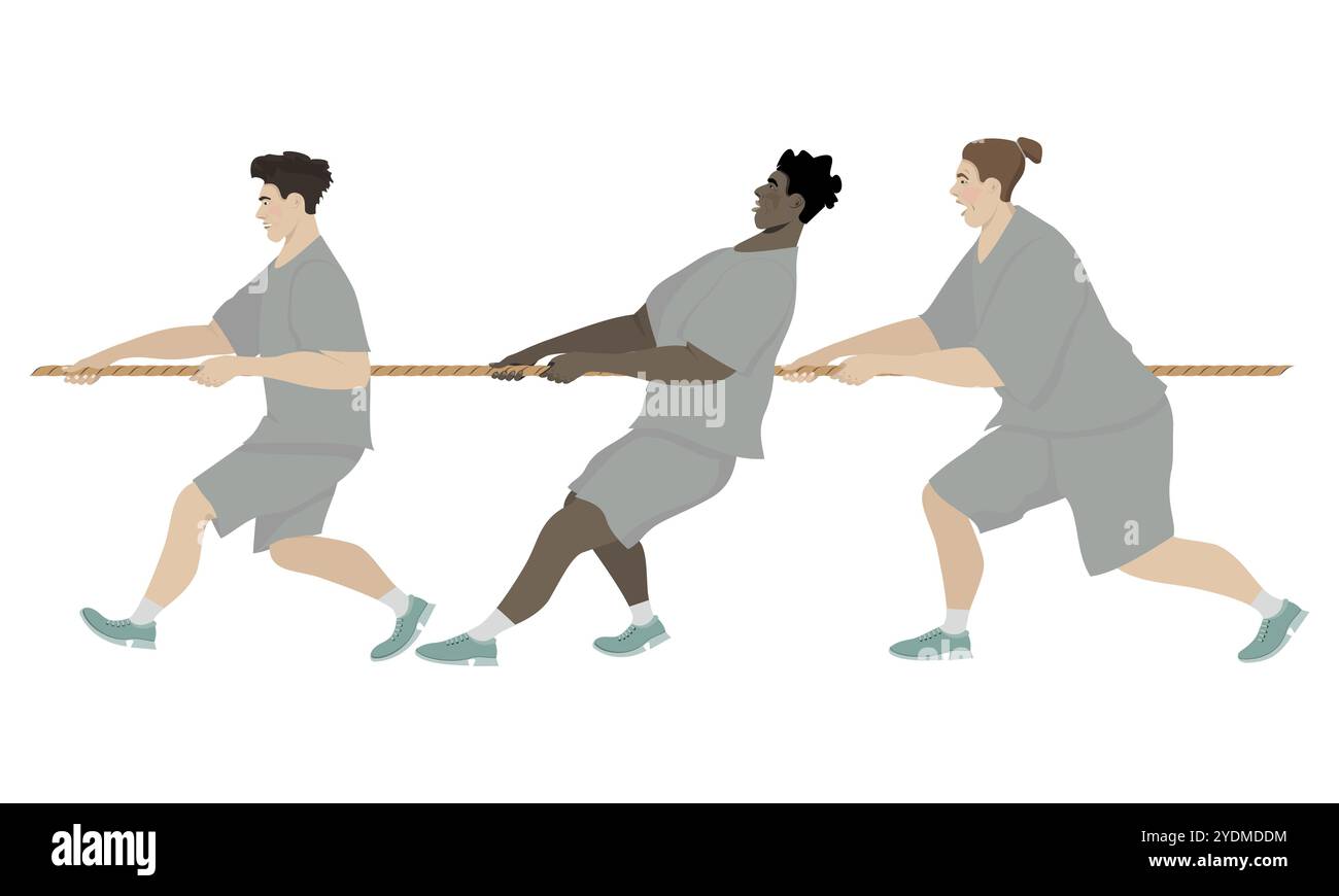 Vector illustration of a team tug of war competition on a white ...