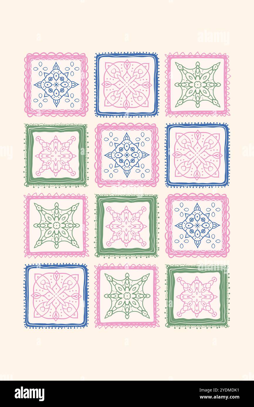 Preppy decorative tile design poster with square ornament segments ...