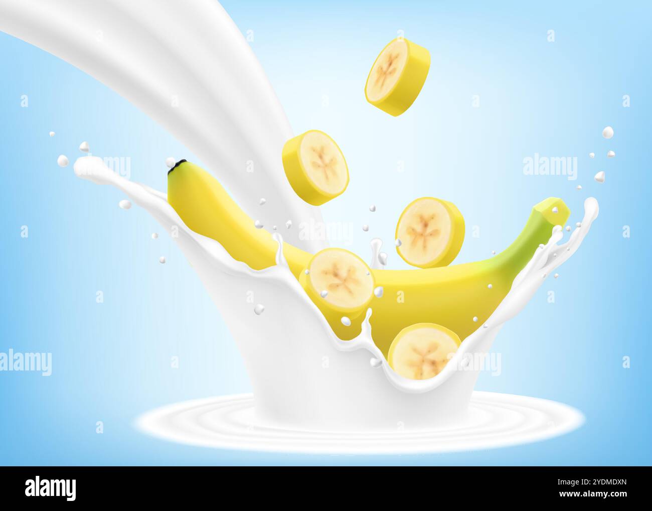 Fresh ripe yellow banana falls into a splash of yogurt or milk ...