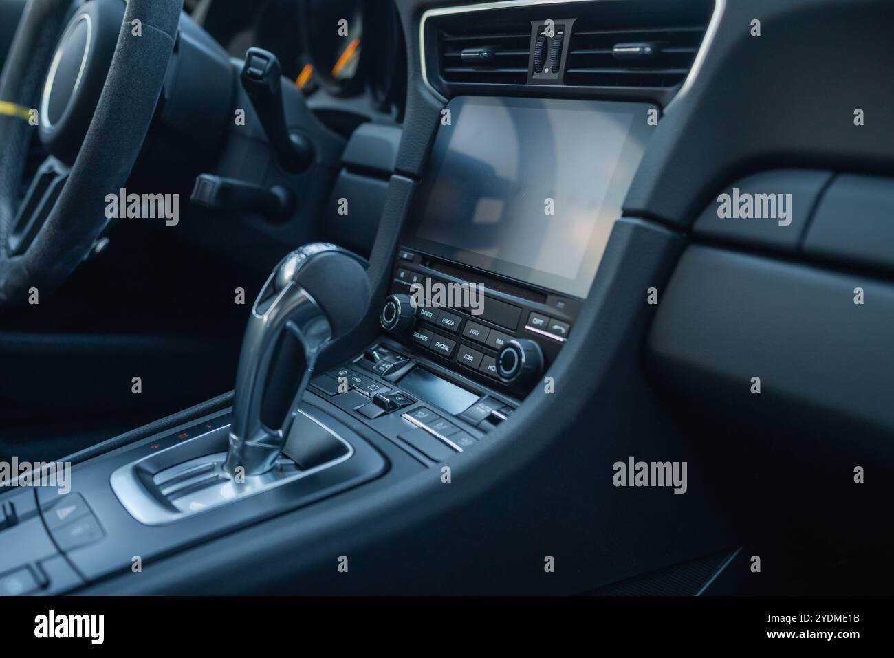 Center console of a modern car with a touchscreen and gear lever Stock ...