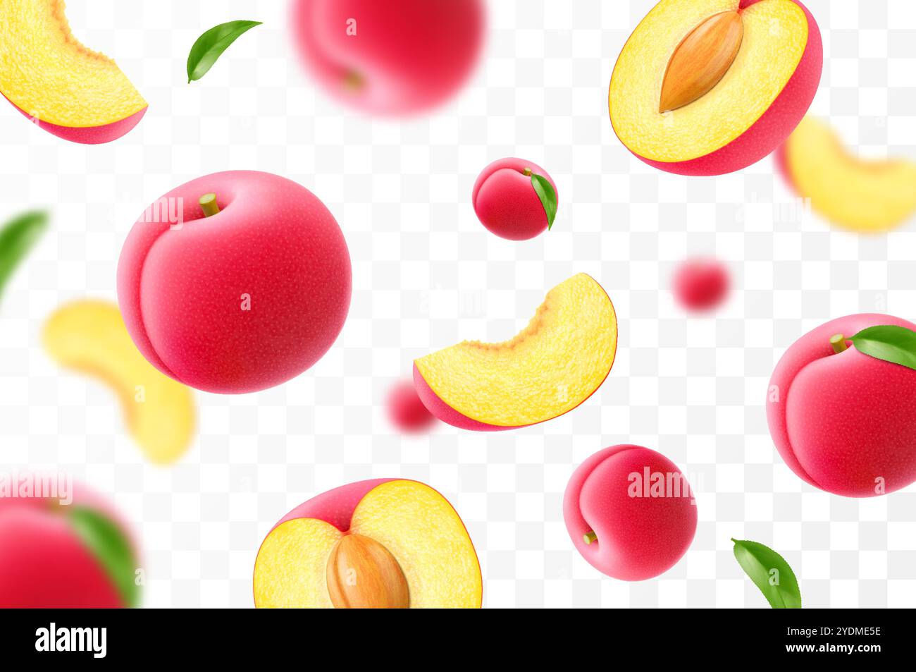 Flying ripe plum. Bright advertising background falling juicy sweet ...