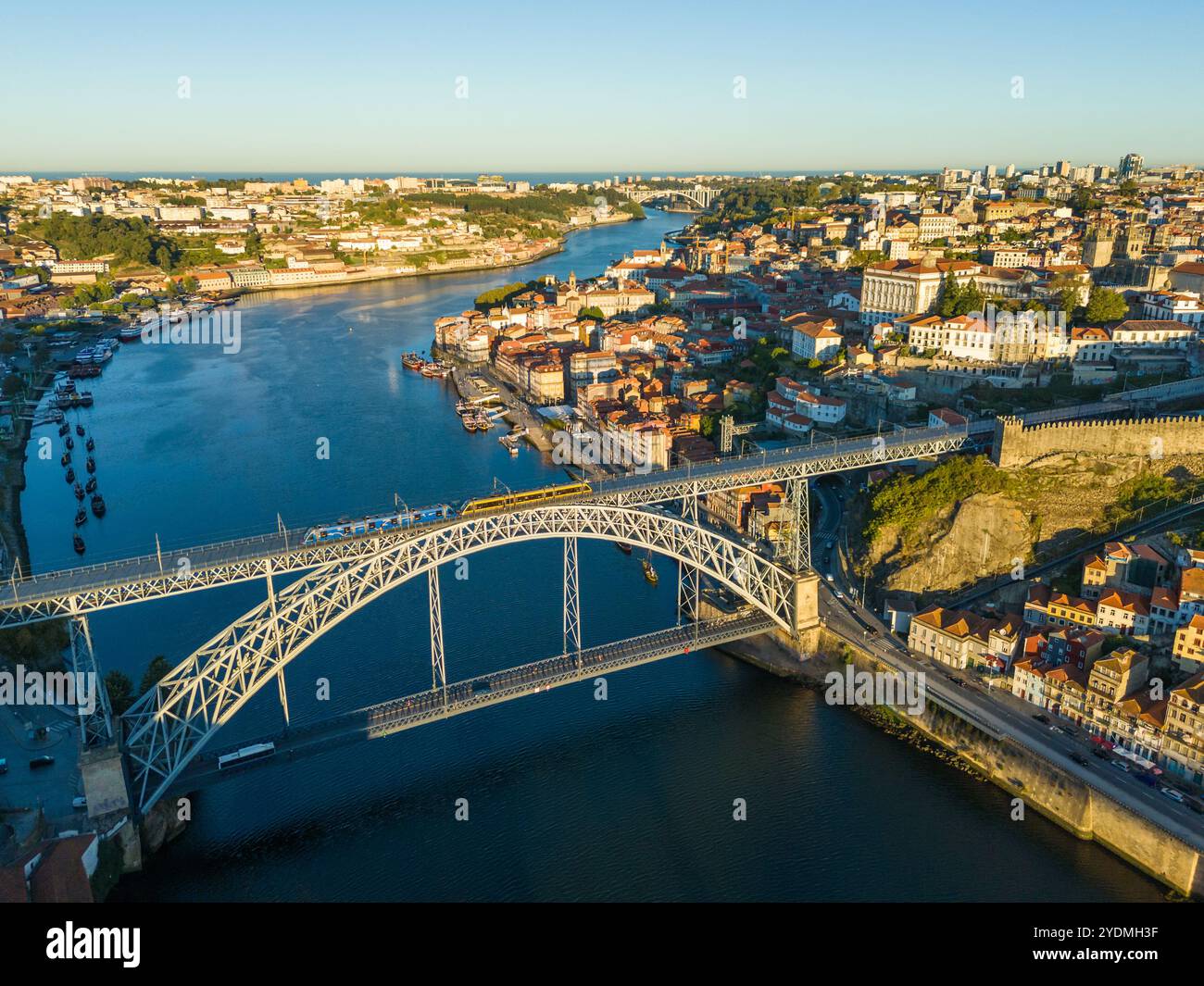 Porto City, Douro River and Dom Luis Bridge I with Tram in Morning ...