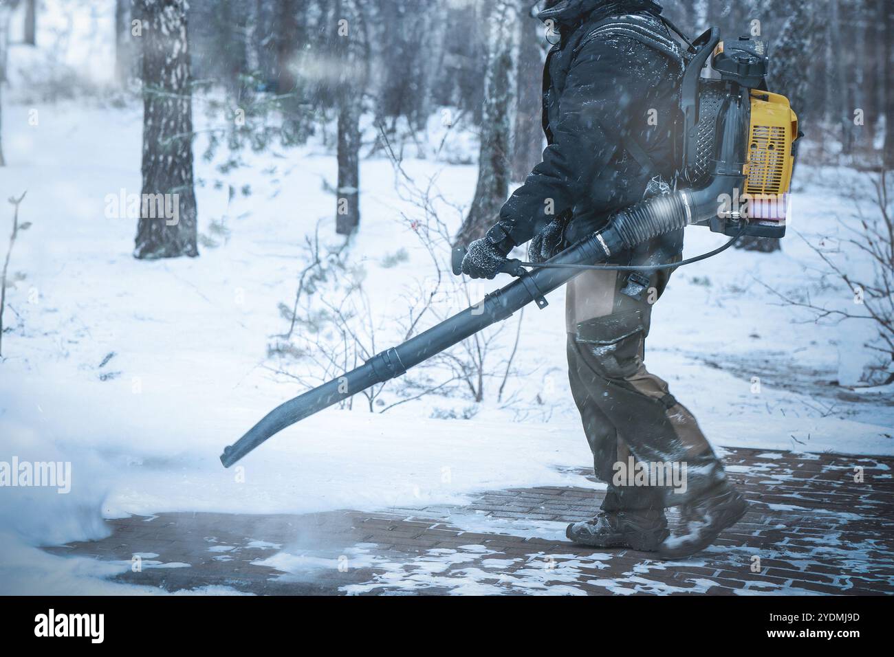 A worker clearing snow from a forest pathway in winter using a backpack ...