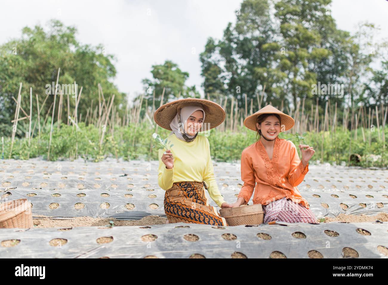 Two Women Engaged in Cultivating Crops Together Amidst a Beautiful ...