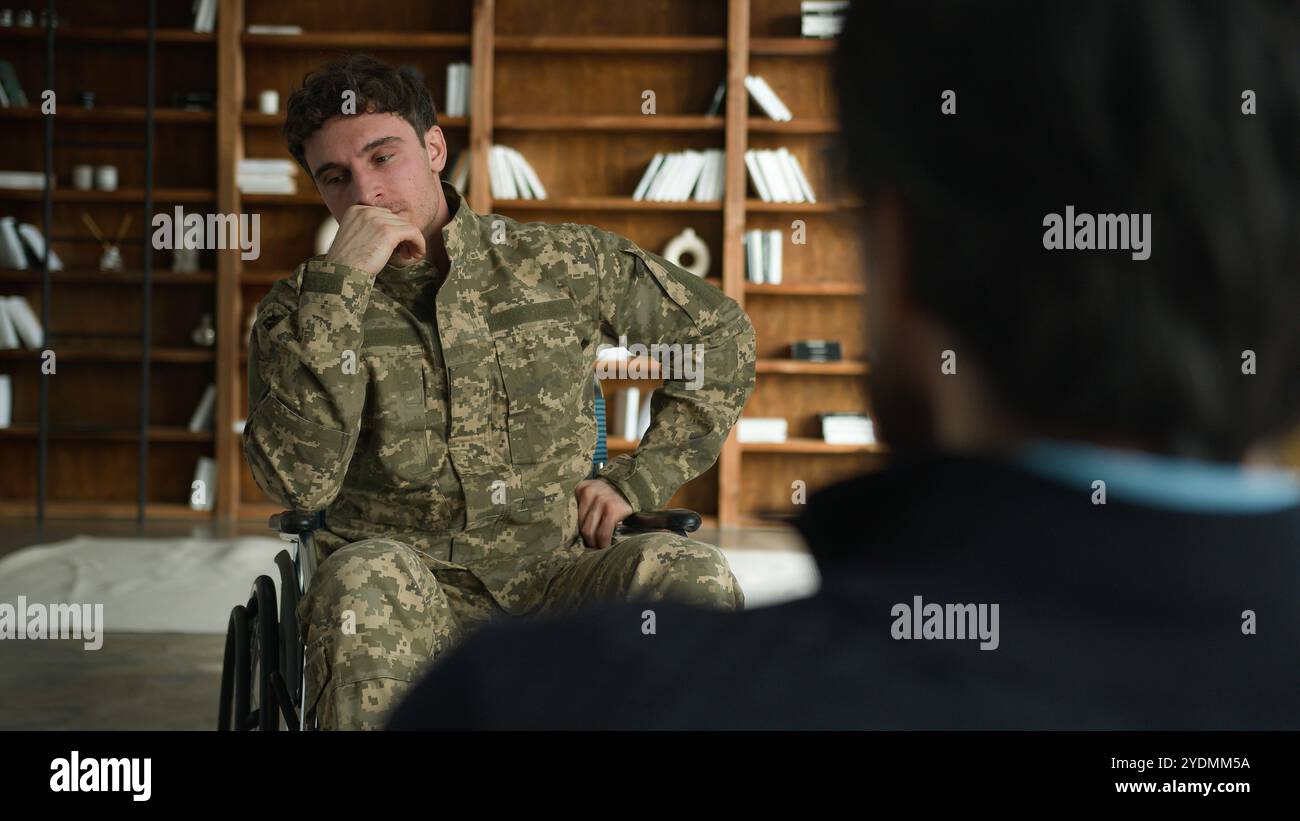 Worried stressed nervous Caucasian soldier man with disability male ...