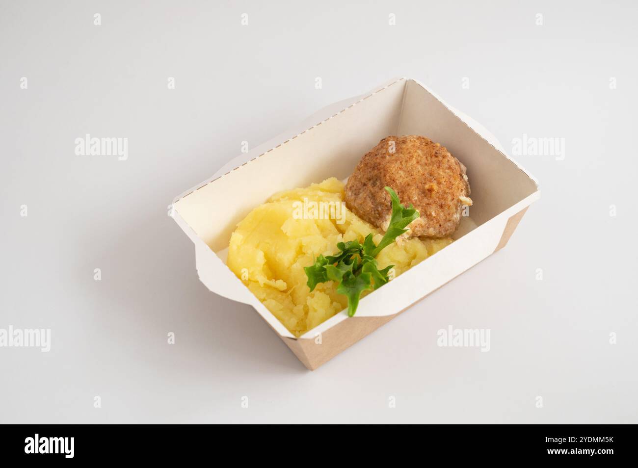 Takeout meals served in biodegradable containers, mashed potatoes with ...