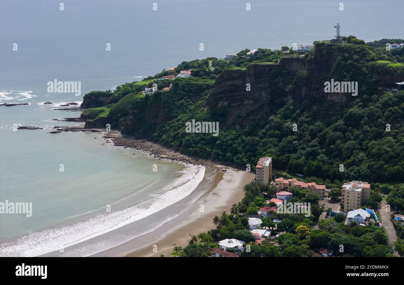 Tropical beach in San Juan Del Sur aerial view on cliff with jesus ...