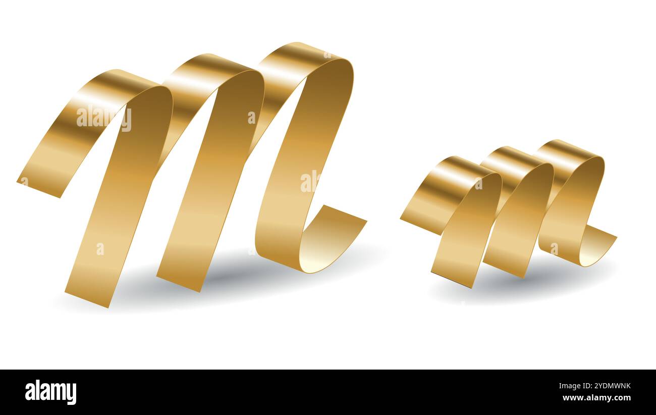 Golden script lettering ribbon L letters with shadows isolated on white ...