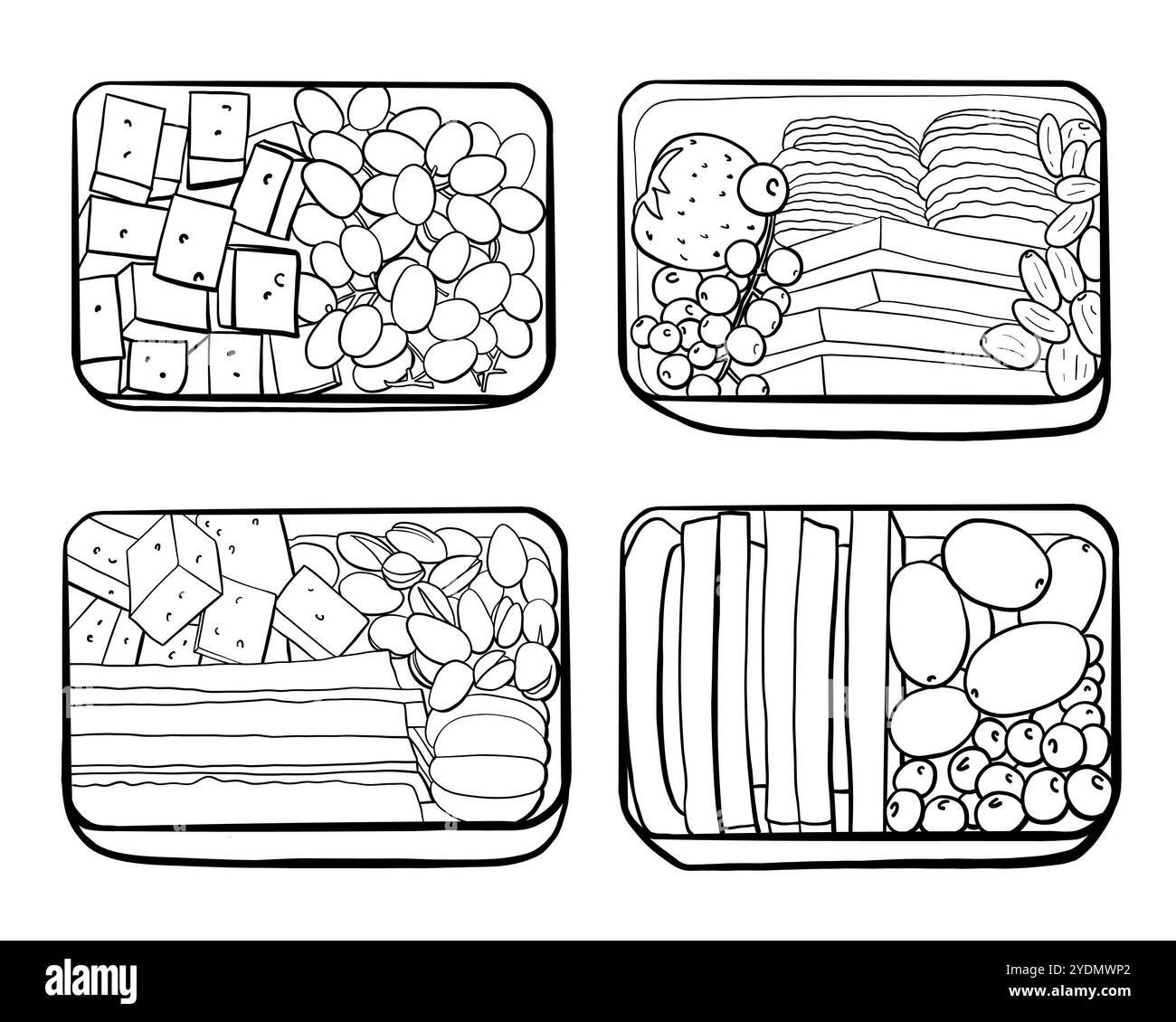 Lunch boxes top view outline vector illustration set. Takeout food ...