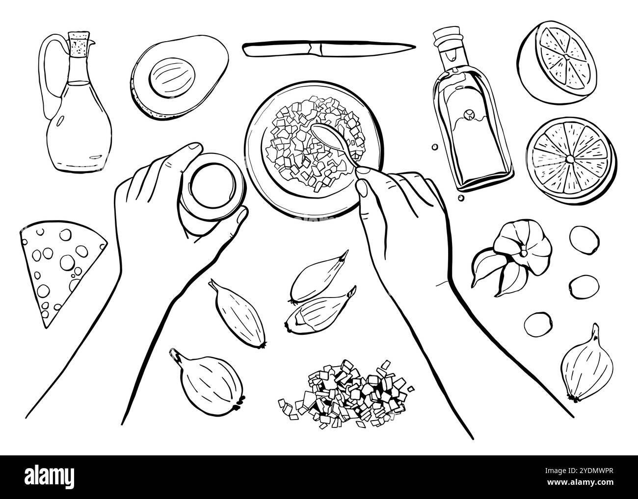 Human hands mixing ingredients for salad dressing, food ingredients ...