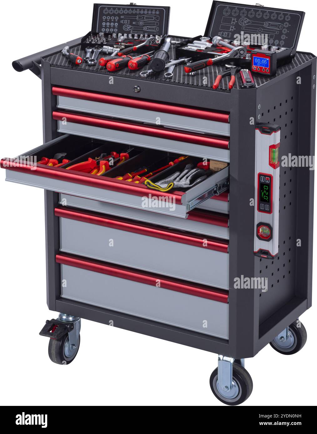 red & grey tool trolley on wheels with equipment Stock Photo - Alamy