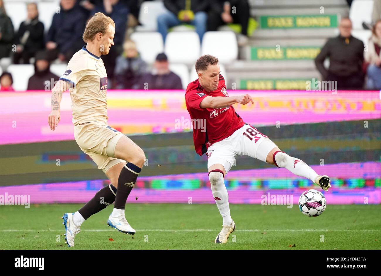 Anders K. Jacobsen (VB 18) against Magnus Jensen (Lyngby 12) during the Superliga match between ...
