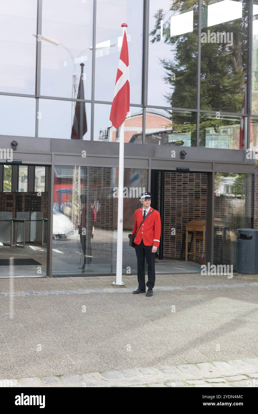 Guard in Traditional Uniform by Danish Flag Outside Building Stock ...