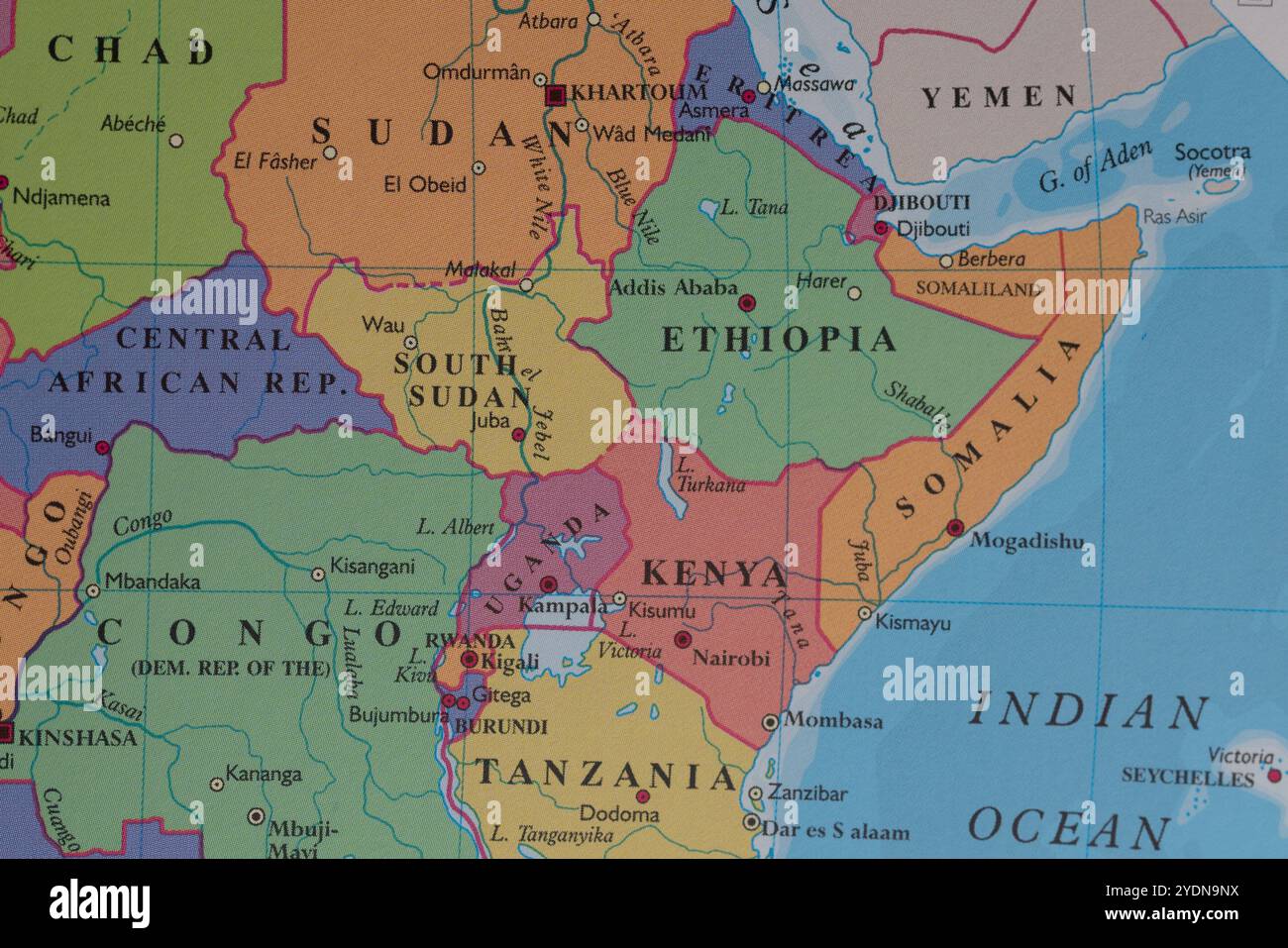Political map of Eastern Africa featuring the countries of Somalia, Ethiopia, Kenya, Uganda ...