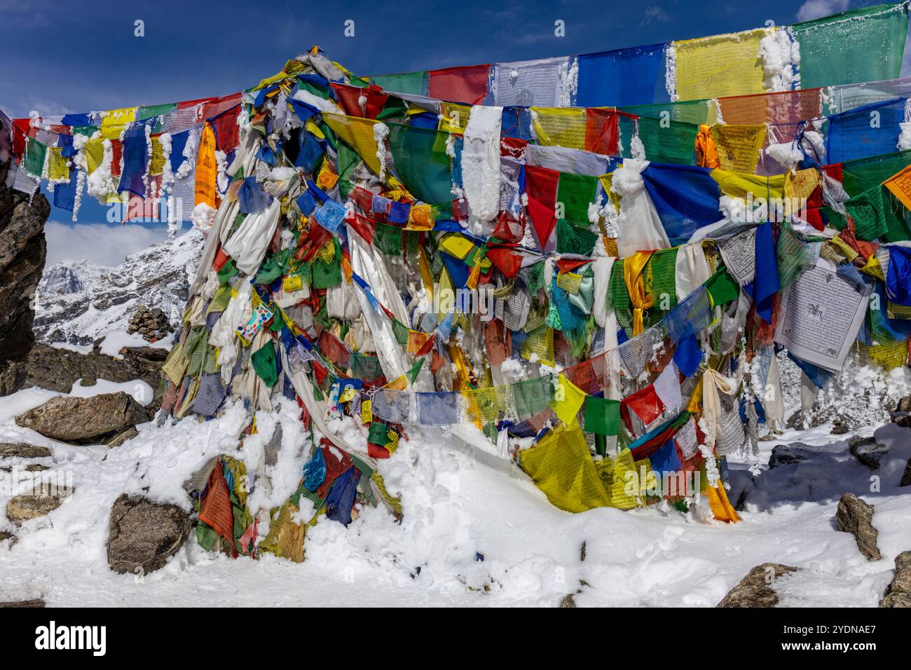 Colorful prayer flags with mantra written on it in the Himalayas ...