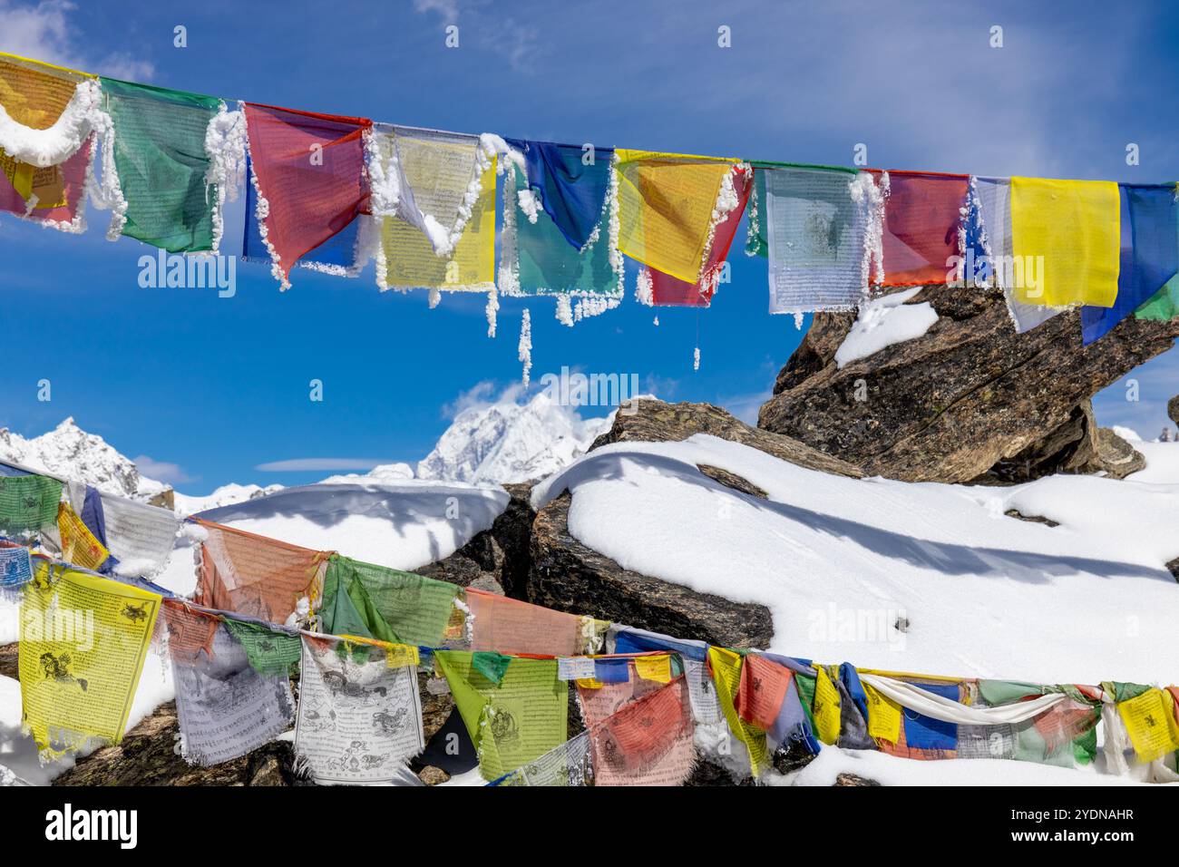 Colorful prayer flags with mantra written on it in the Himalayas ...