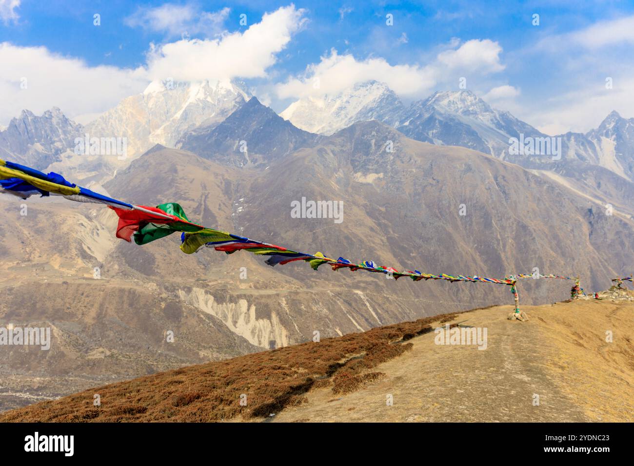 Colorful prayer flags with mantra written on it in the Himalayas ...