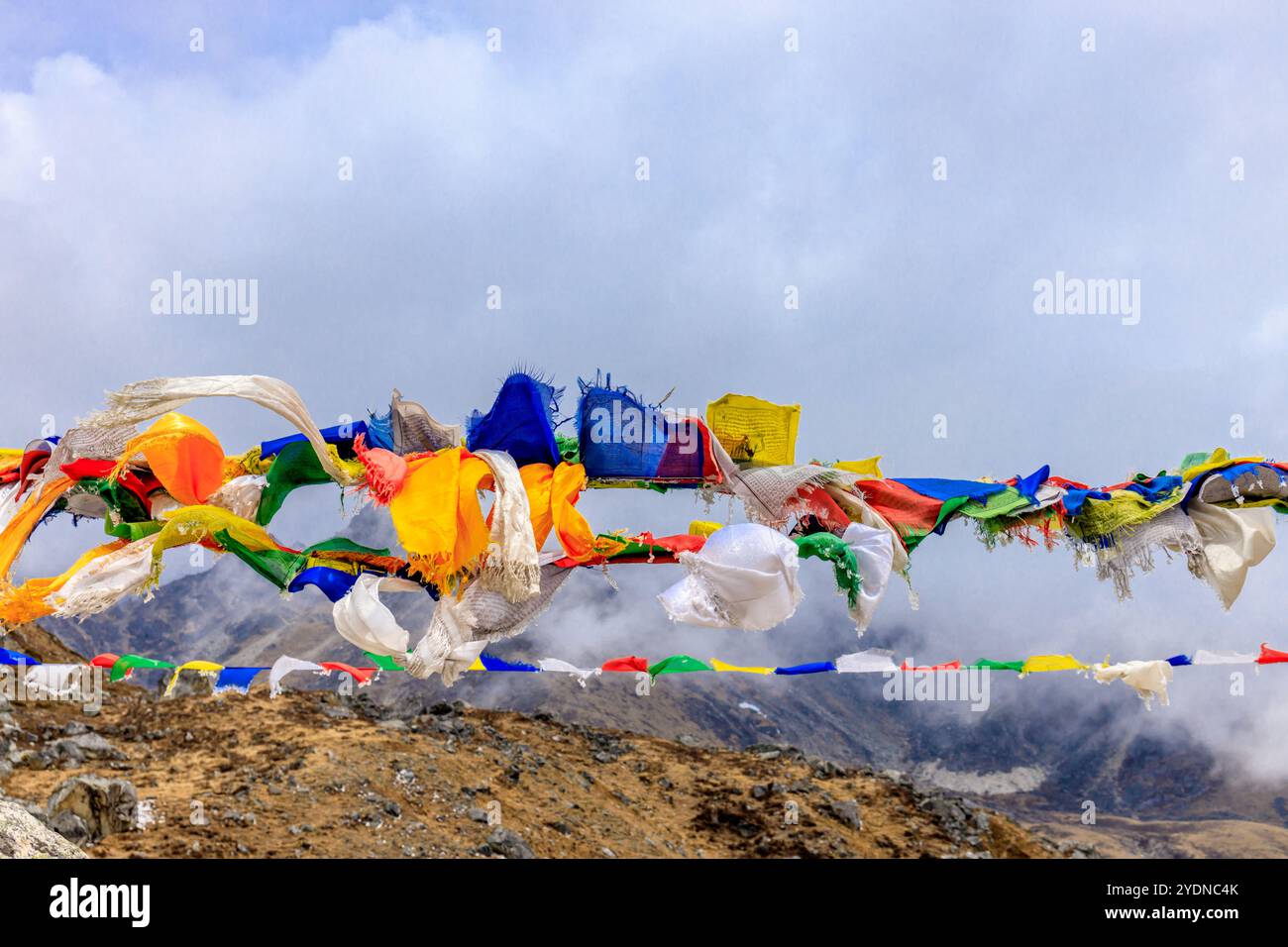 Colorful prayer flags with mantra written on it in the Himalayas ...