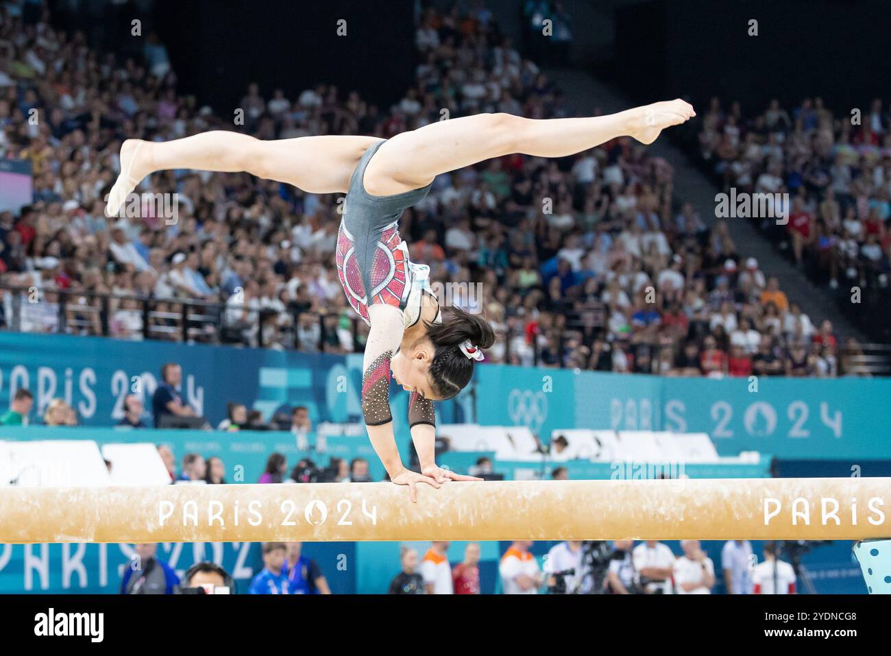 August 01, 2024: Rina Kishi of Japan performs on beam in the Women's ...