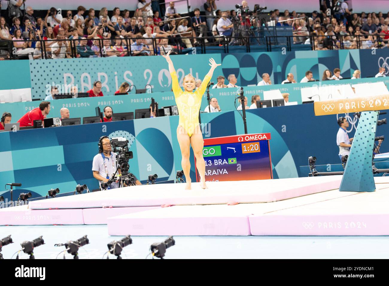 August 01, 2024: Flavia Saraiva of Brazil performs on beam in the Women ...