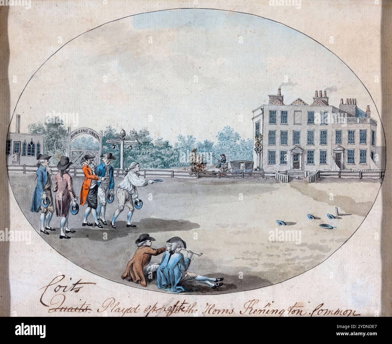 A print coloured engraving of Village sports Coits played at the Horns ...