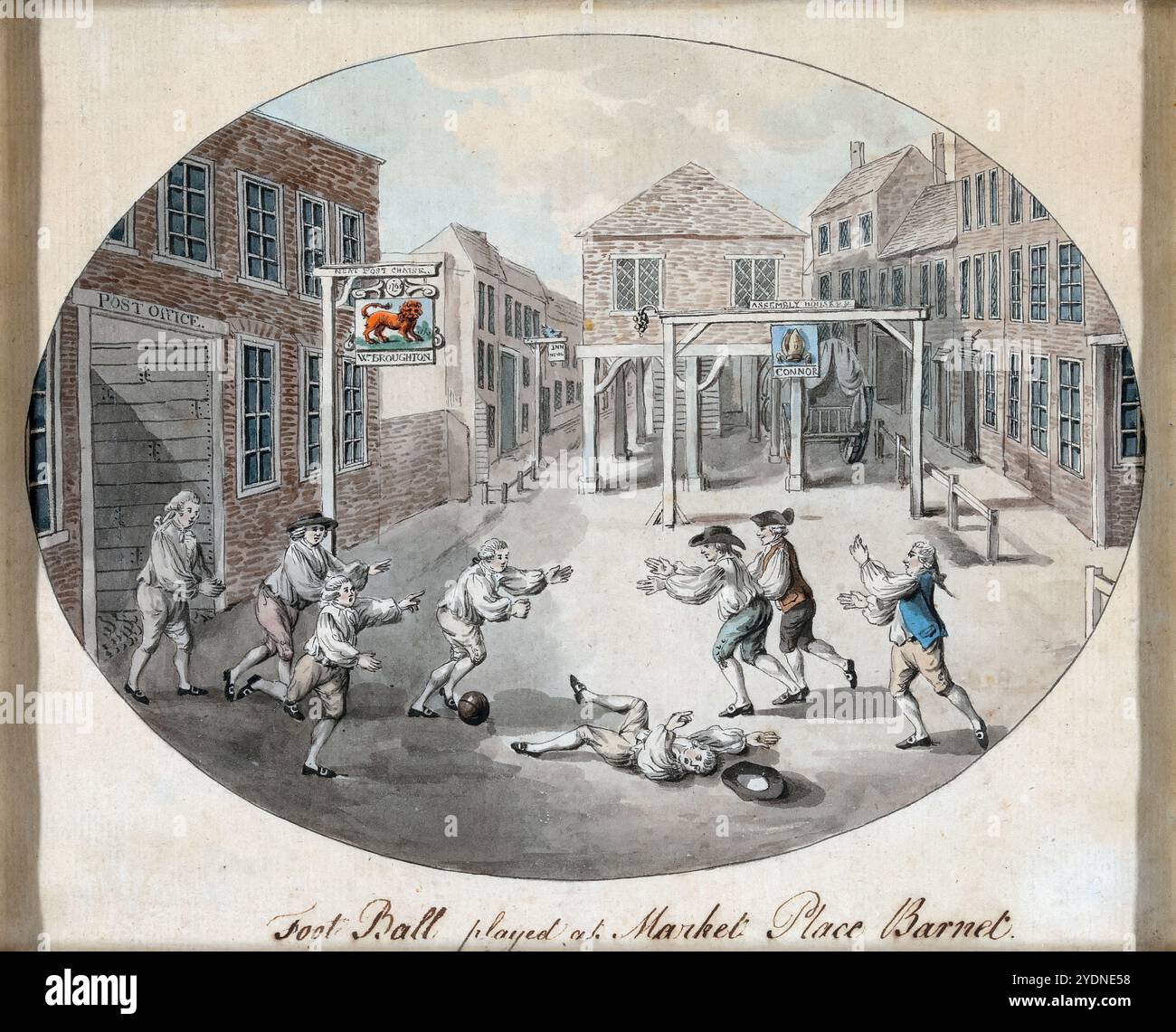 A print coloured engraving of Village sports Foot ball Football played ...