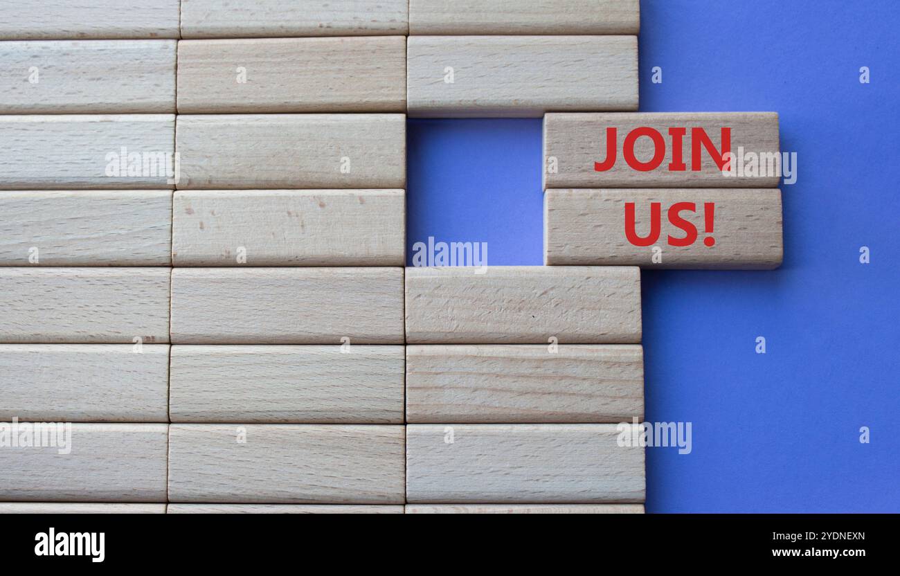 Join us symbol. Concept word Join us on wooden blocks. Beautiful purple ...