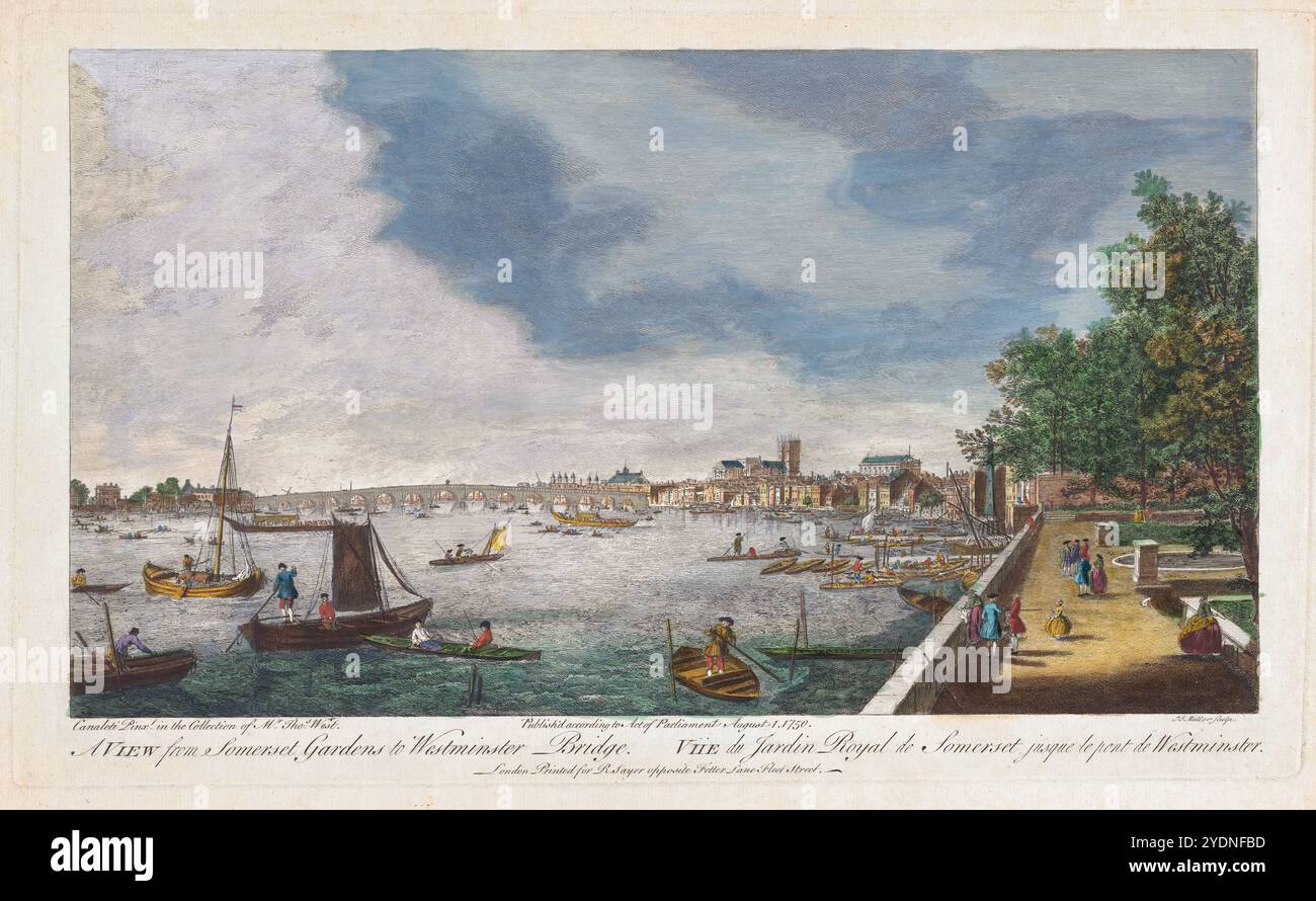 A vintage print coloured engraving of general view of the river Thames ...