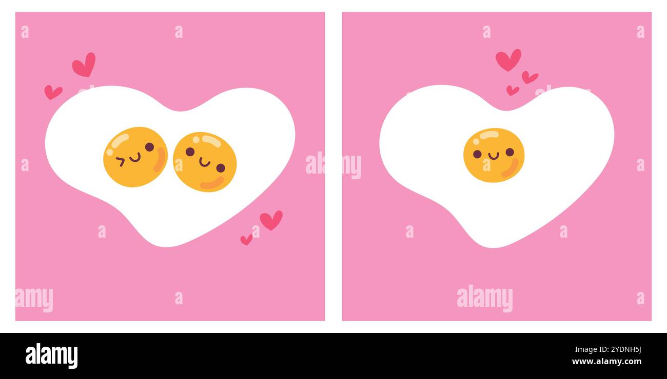 Cute yolks in heart shaped fried eggs. Happy kawaii cartoon eggs in childish style. Love card ...