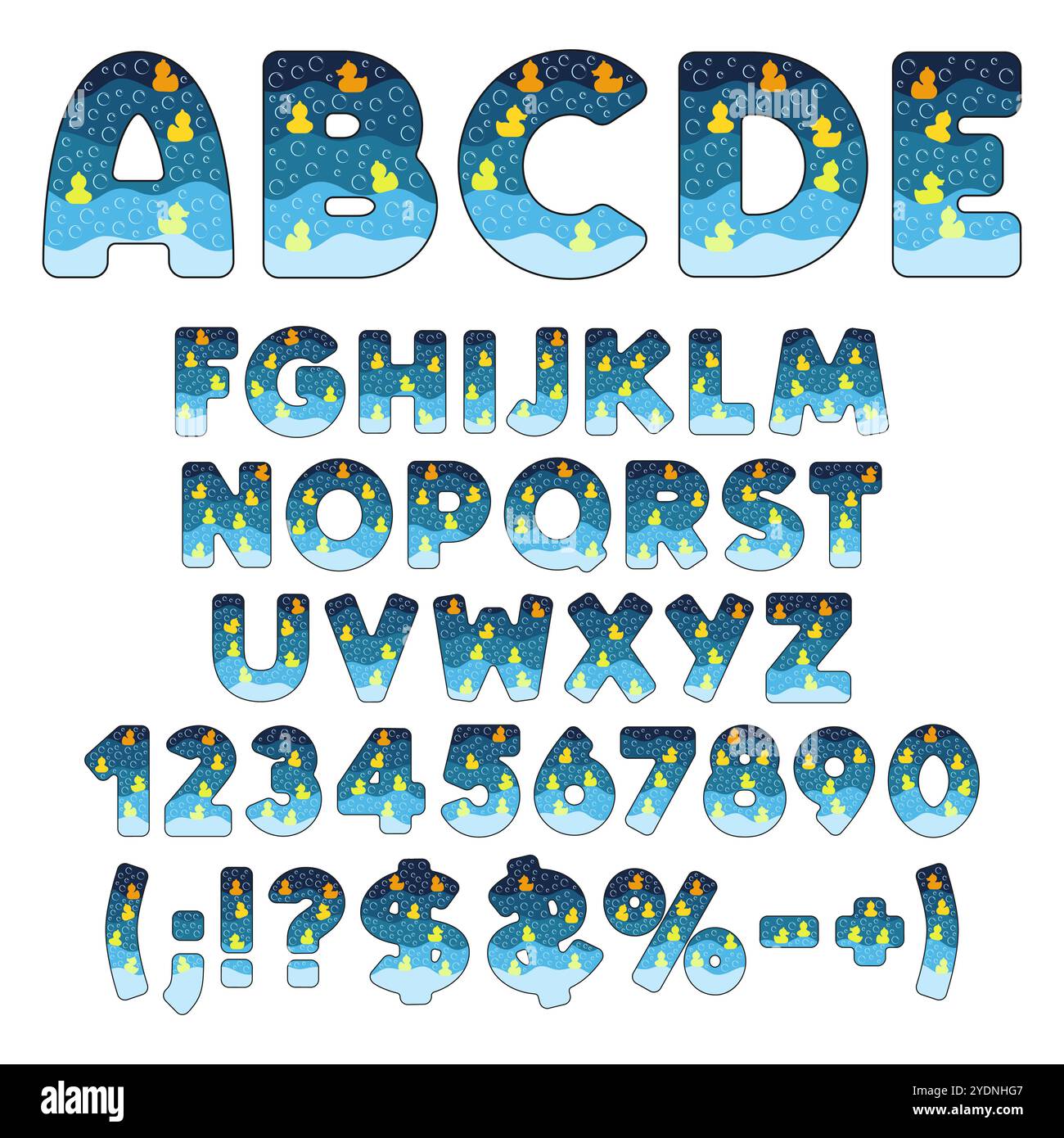 Font, alphabet, letter, number from layers with yellow toy ducks and ...