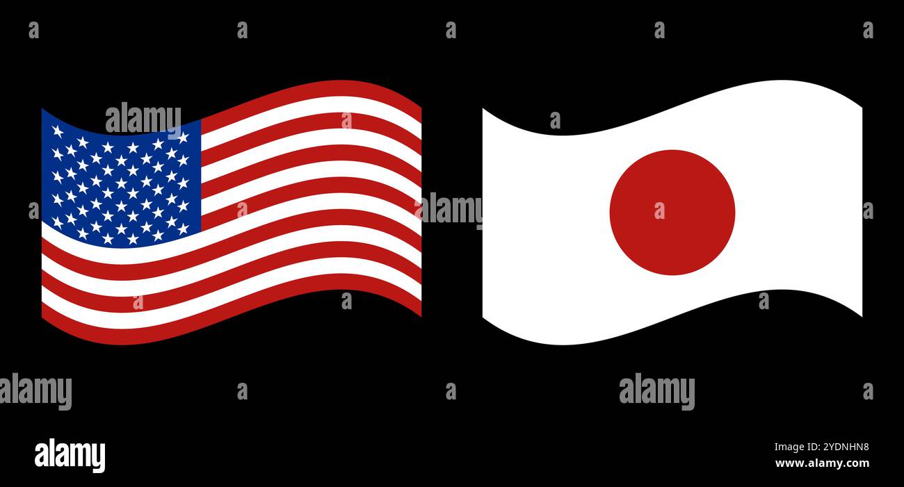 Fluttering United States and Japanese flags icon set. Editable vector ...