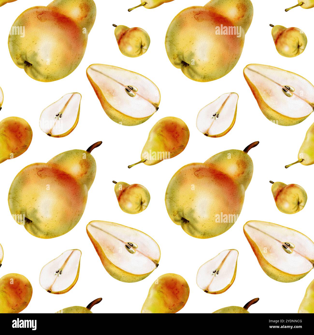 Pattern of whole pears and pieces. Fruit of yellow and green color ...