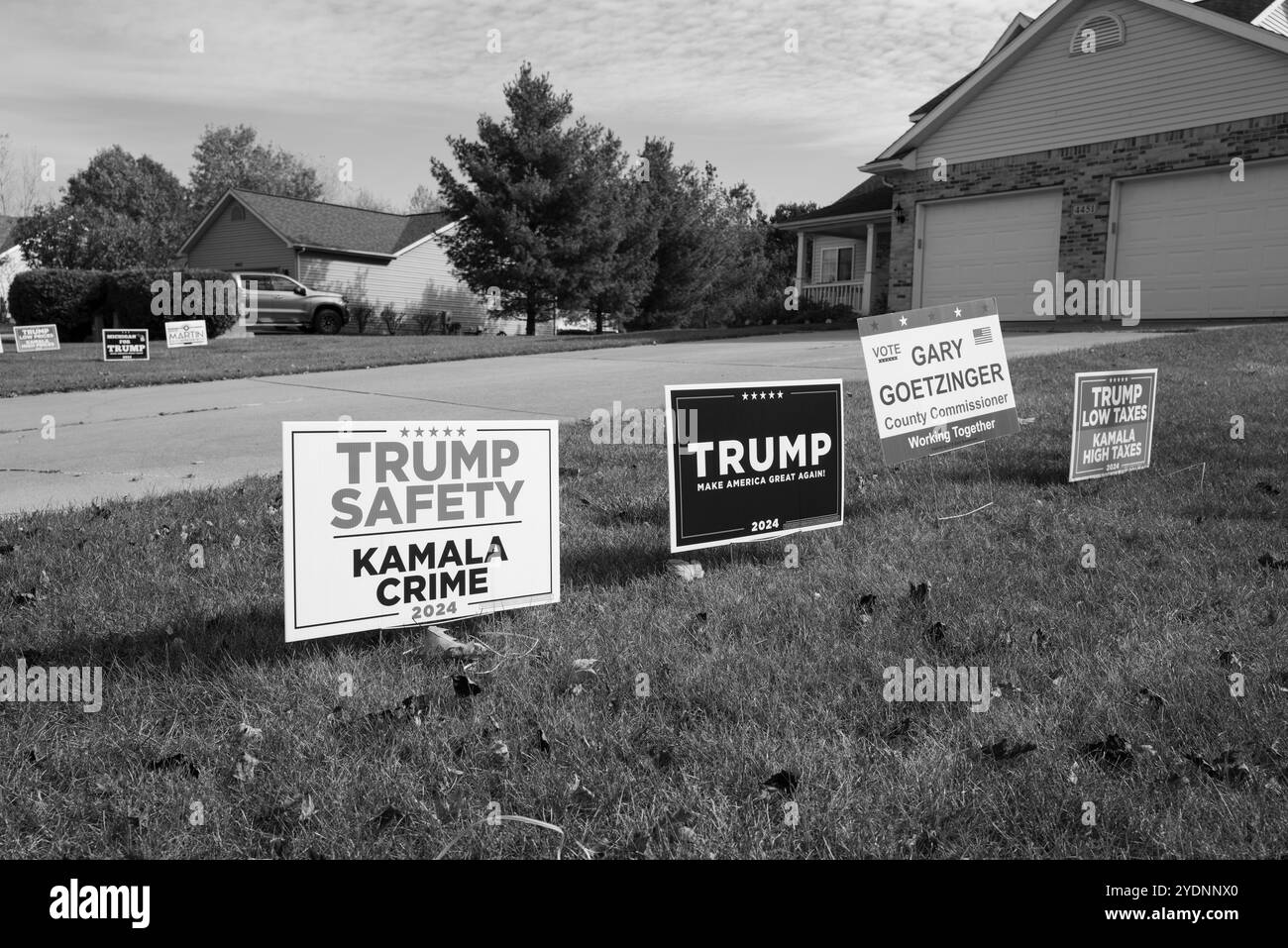 Yard signs promoting Donald Trump for President, 2024, at a suburban ...