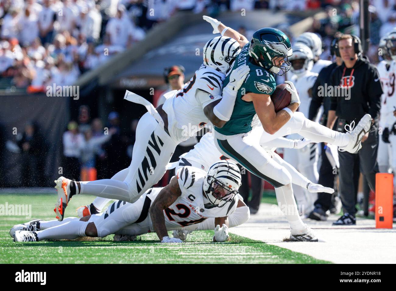 Philadelphia Eagles tight end Grant Calcaterra, right, is run off ...