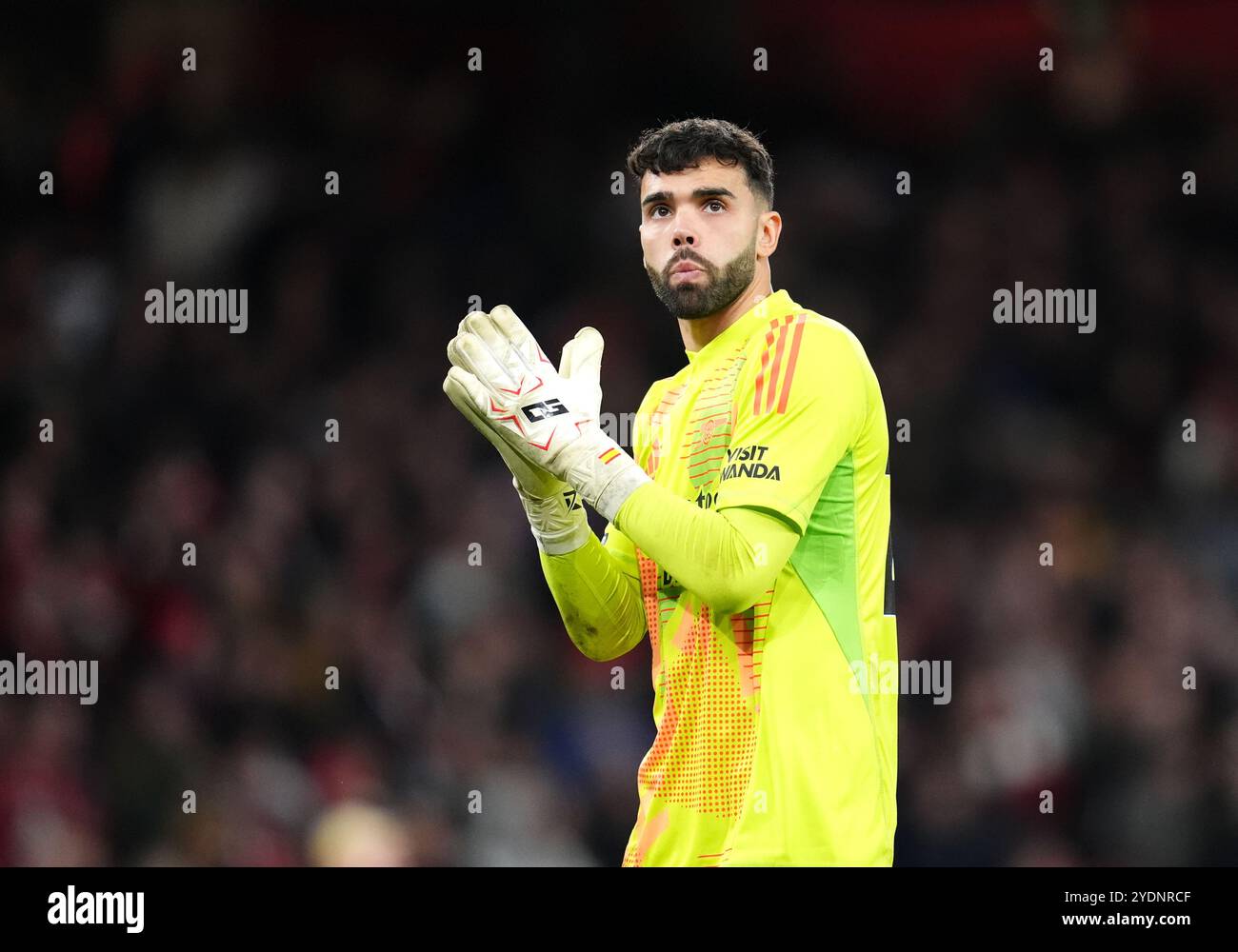 Arsenal goalkeeper David Raya applauds the fans following the Premier League match at the ...