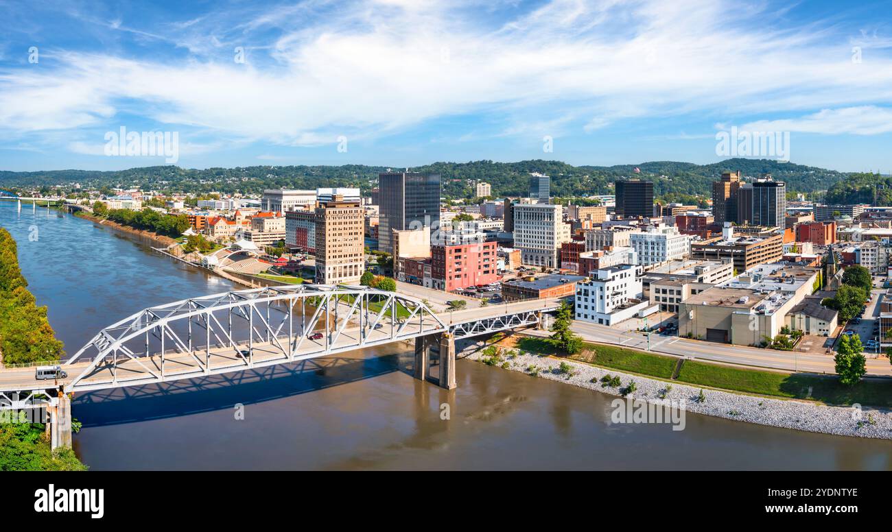 Aerial view of Charleston, West Virginia skyline and South Side Bridge ...