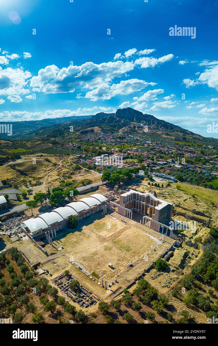 Aerial view with drone; Sardes (Sardis) Ancient City which has ...