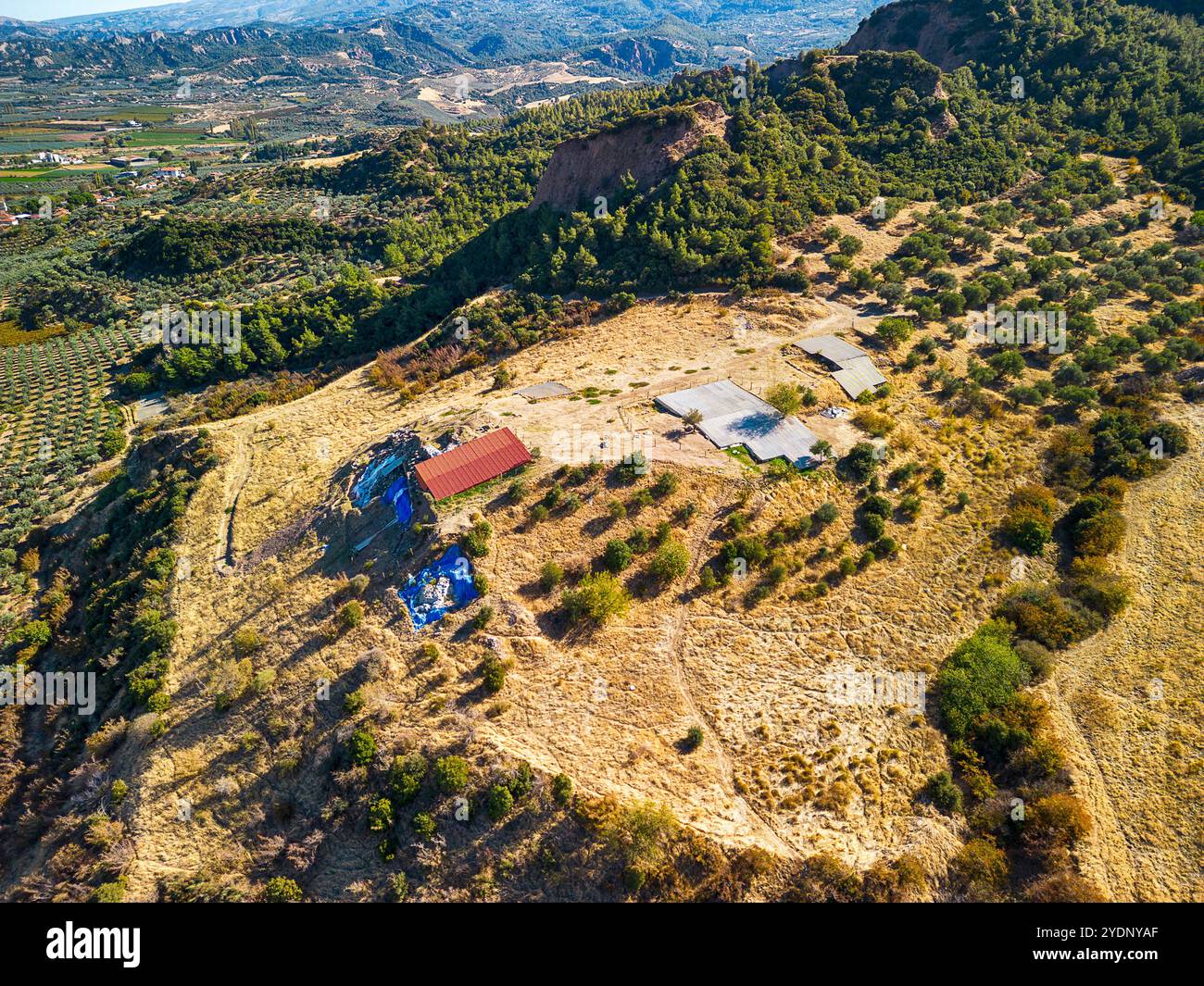 Aerial view with drone; Sardes (Sardis) Ancient City which has ...