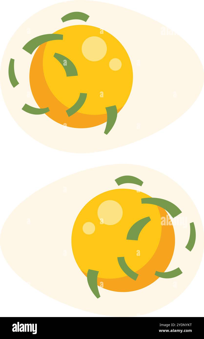 This vector illustration shows two boiled eggs seasoned with chives, served on a white ...