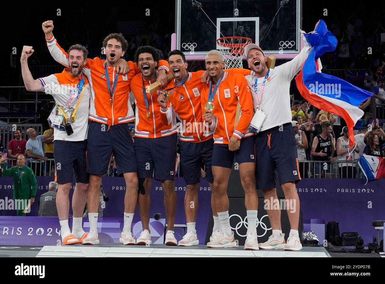 The Netherlands men's 3x3 basketball team celebrates their gold medals ...