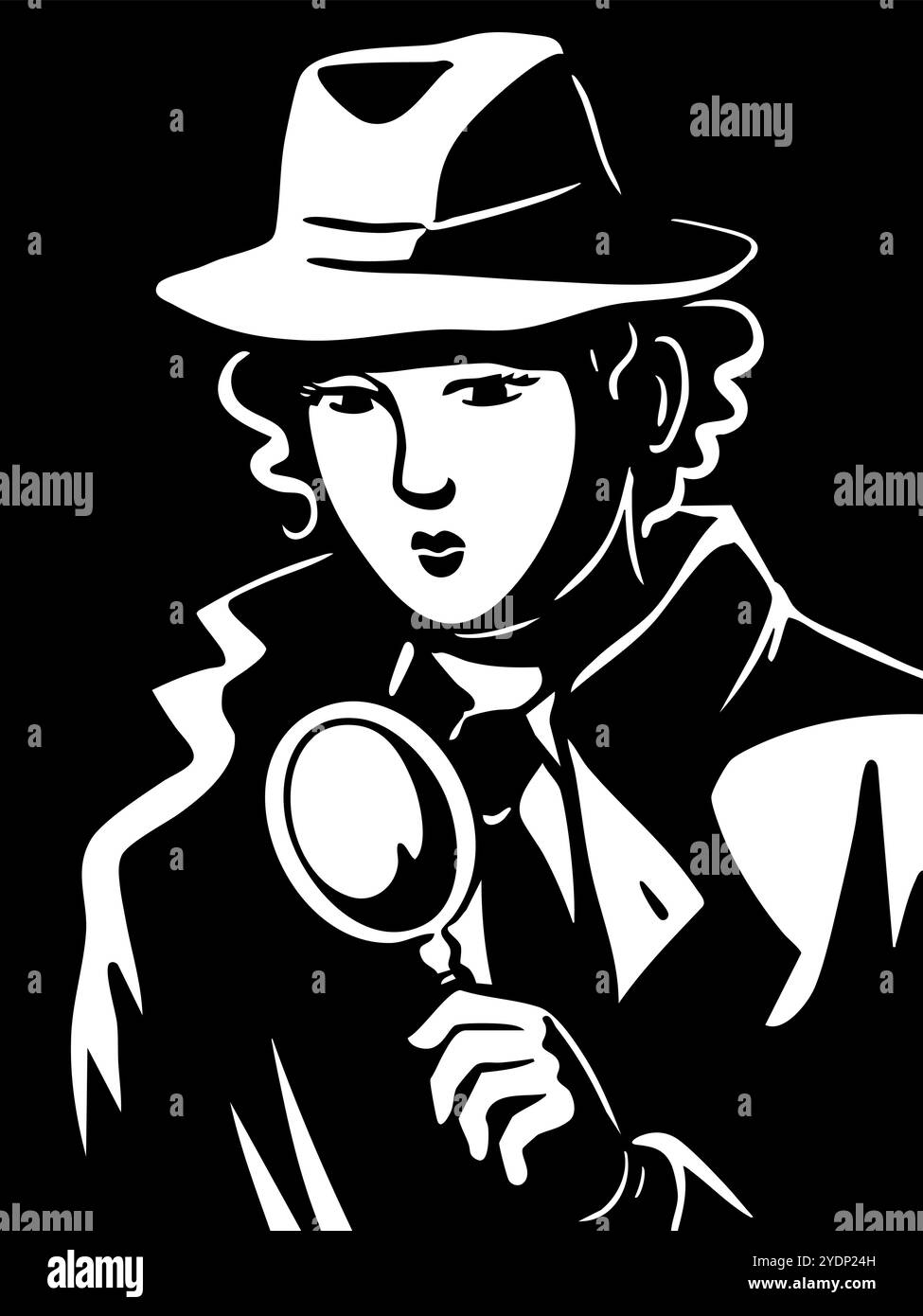 Young woman detective wearing a hat and a magnifying glass in his hand ...