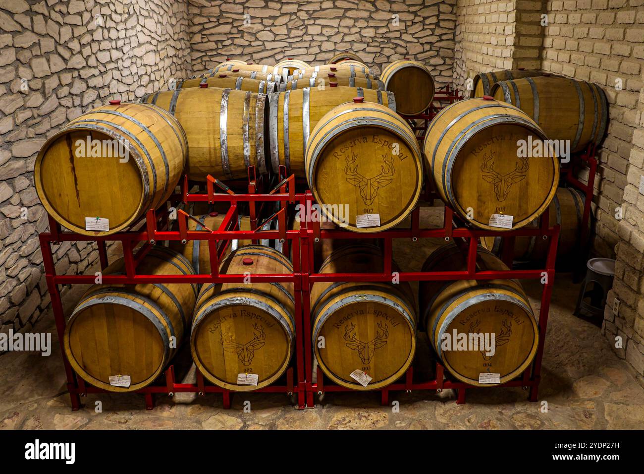 Wooden barrels of the special reserve and wine containers in the wine ...