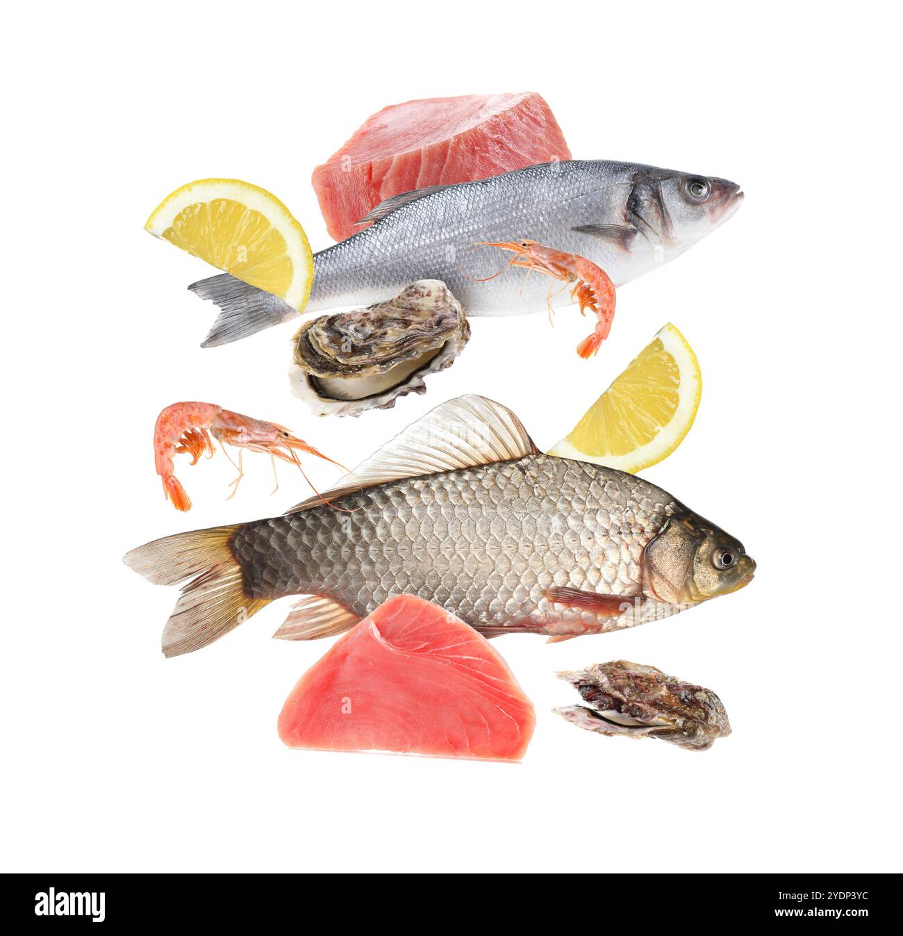 Different sea food in air on white background Stock Photo - Alamy