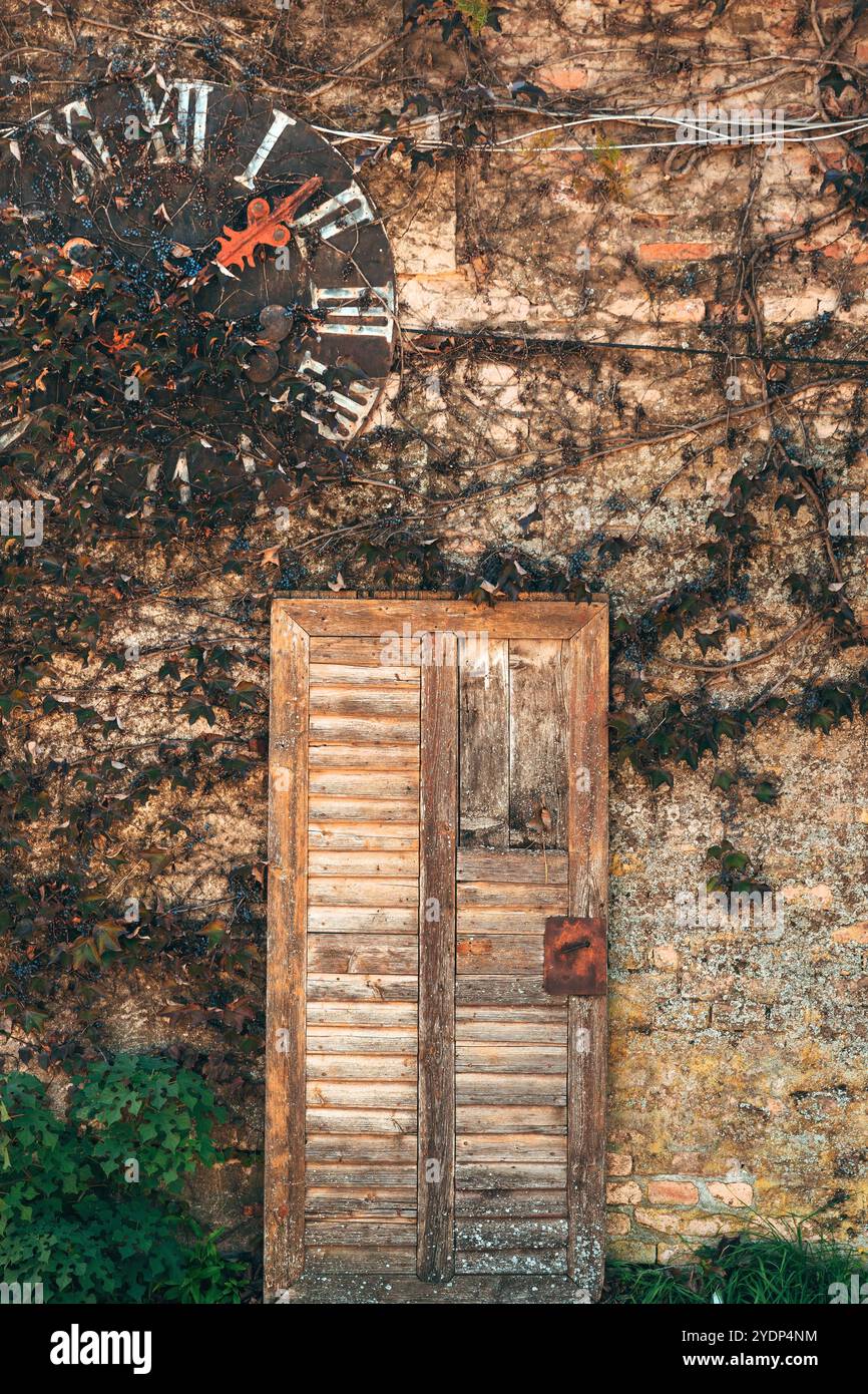 Old wooden door and vintage clock with roman numerals, vertical image ...
