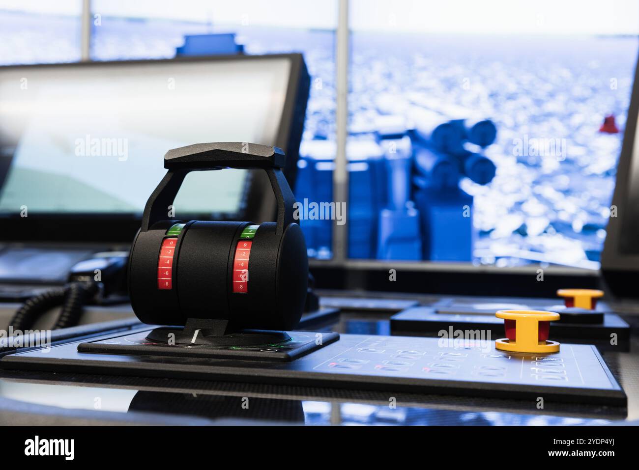 Ship control panel with an engine accelerator and digital screens ...