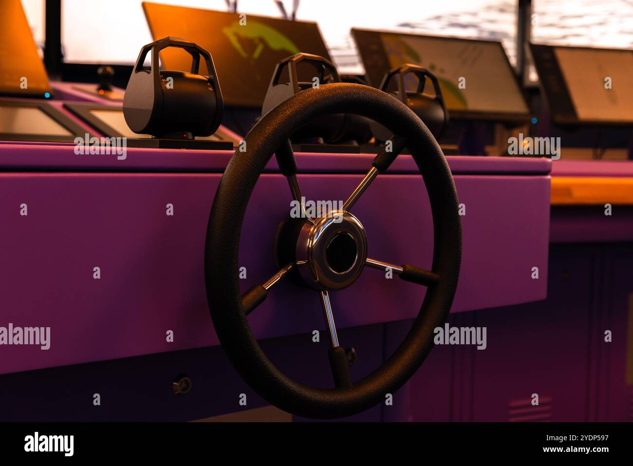 Ship control panels, steering wheel and engine accelerators. The ...